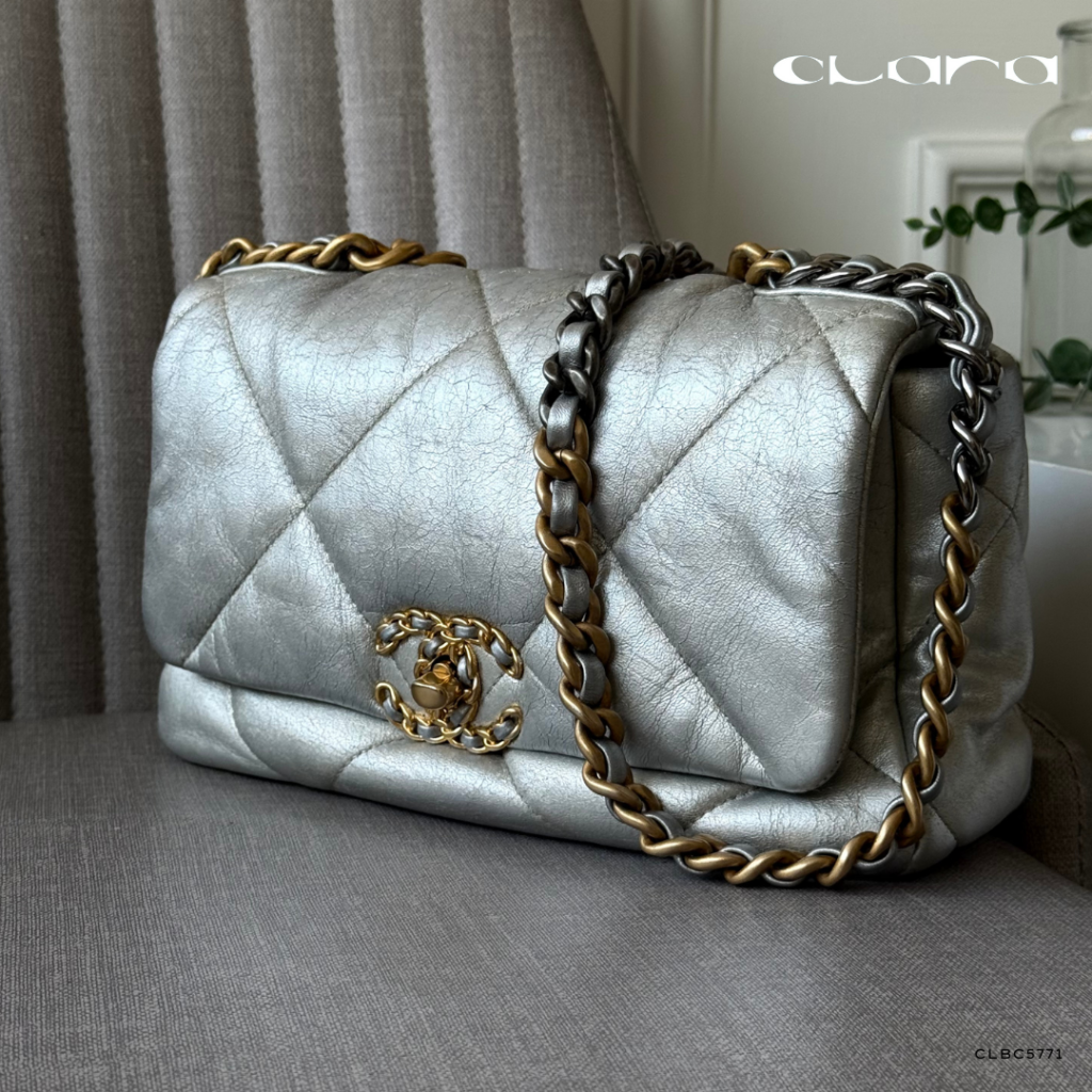 Chanel 19 Flap Bag in Silver Metallic Lambskin - CLARA Brandname
